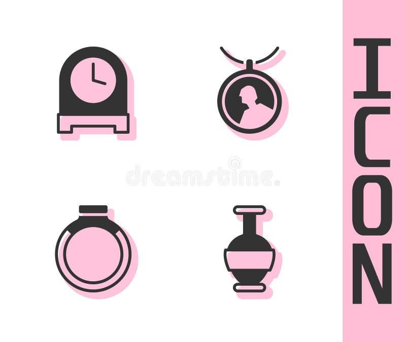 Set Ancient Amphorae, Antique Clock, Gold Ring and Locket on Necklace ...