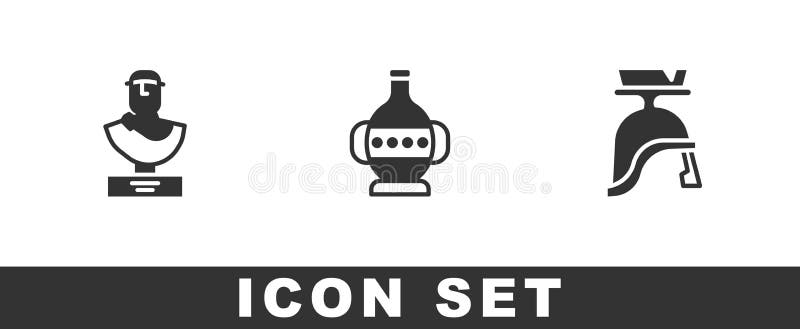 Set Ancient Bust Sculpture, Amphorae and Roman Army Helmet Icon. Vector ...