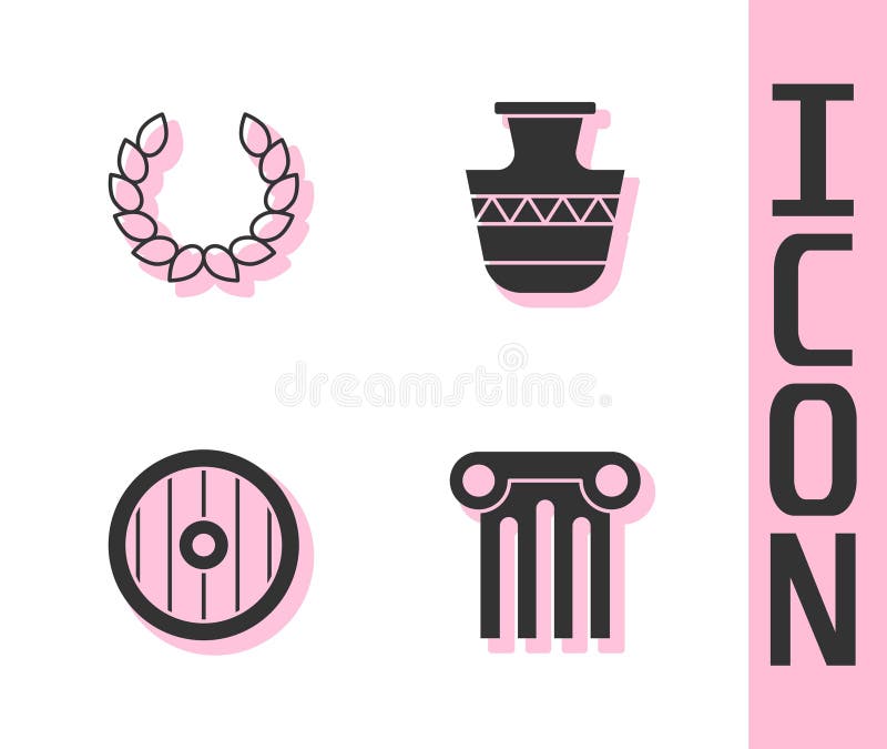 Set Ancient Column, Laurel Wreath, Greek Shield and Amphorae Icon ...