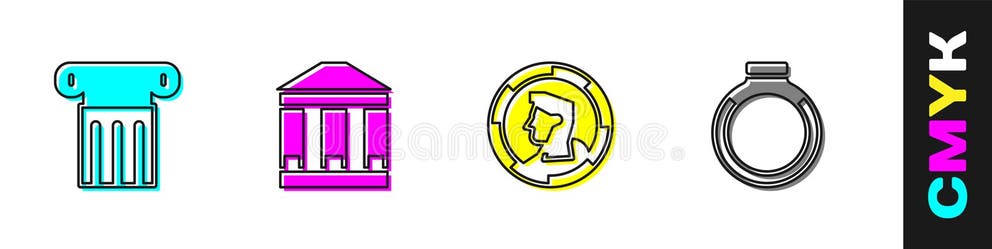 Set Ancient Column, Museum Building, Coin and Gold Ring Icon. Vector ...