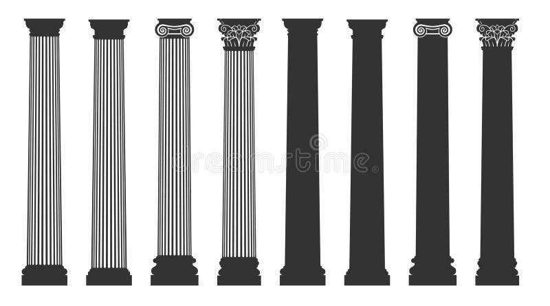 Set of Ancient Greek and Roman Columns, Black Silhouettes, Fluted and ...