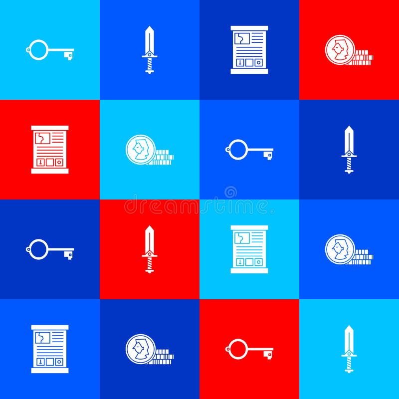 Set Ancient Key for Game, Sword, Game Guide and Coin Icon. Vector Stock ...