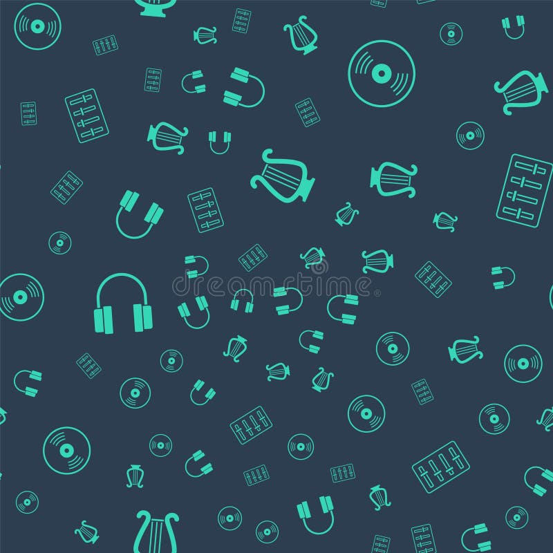 Set Ancient Lyre, Vinyl Disk, Headphones and Sound Mixer Controller on ...