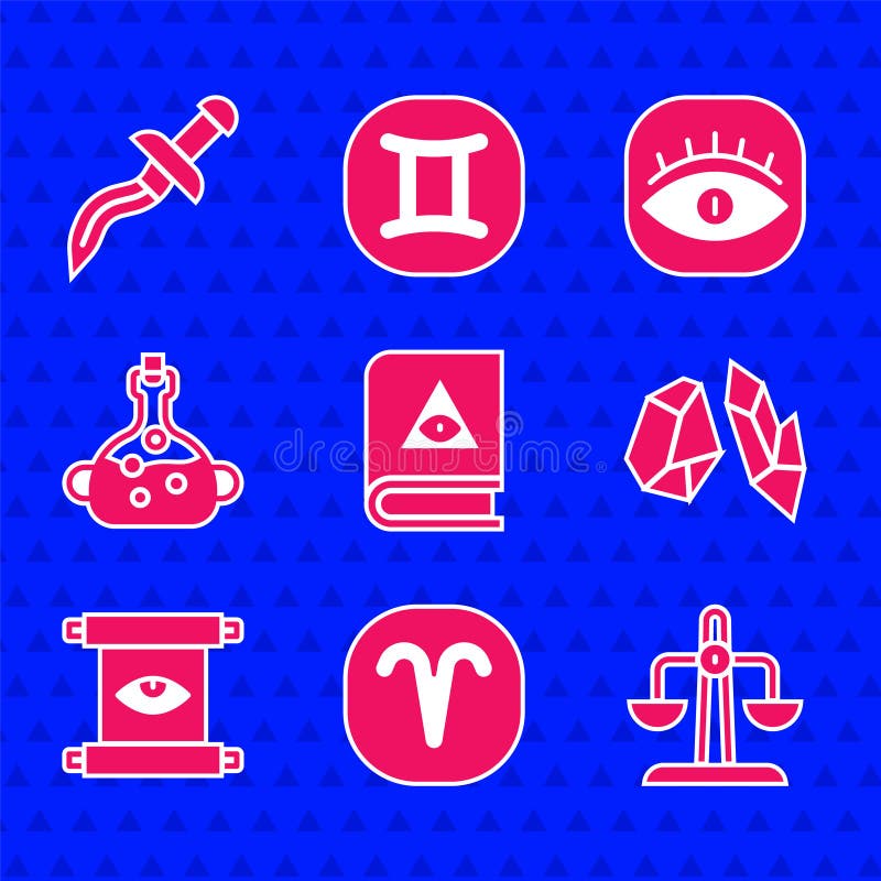 Set Ancient Magic Book, Aries Zodiac, Libra, Magic Stone, Scroll ...