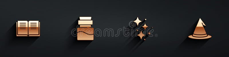 Set Ancient Magic Book, Bottle with Potion, Sparkle Stars and Witch Hat ...