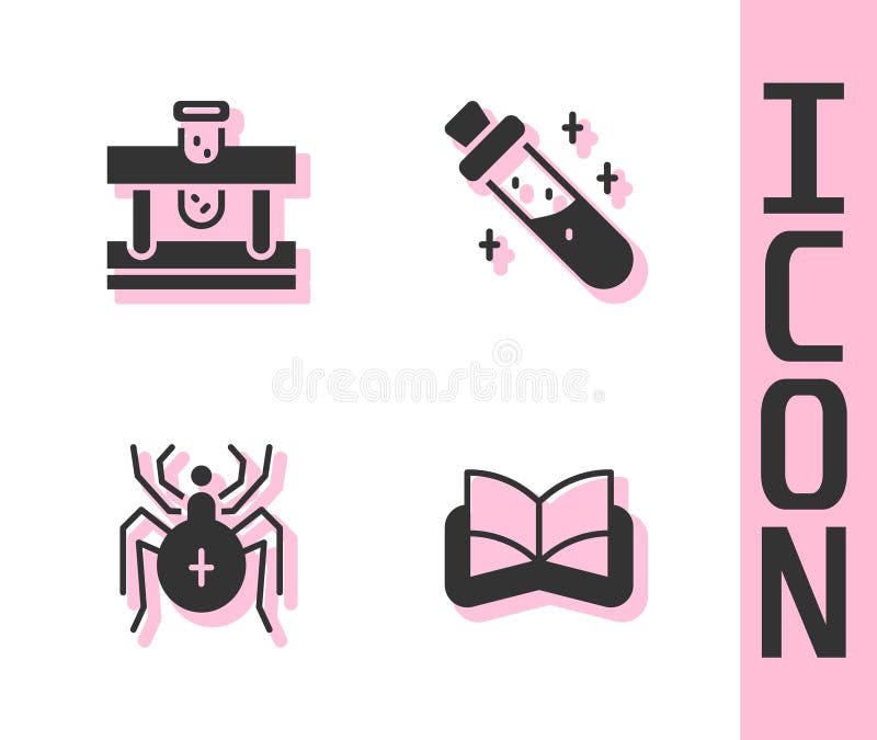 Set Ancient Magic Book, Bottle with Potion, Spider and Icon. Vector ...