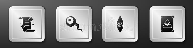 Set Ancient Magic Book, Eye, Wizard Warlock and Icon. Silver Square ...