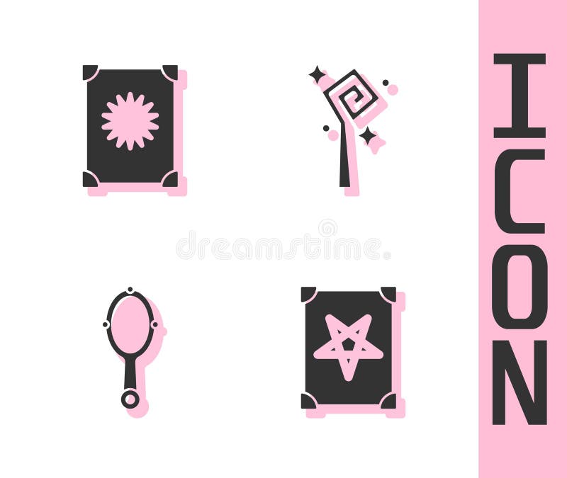 Set Ancient Magic Book, , Magic Hand Mirror and Staff Icon. Vector ...