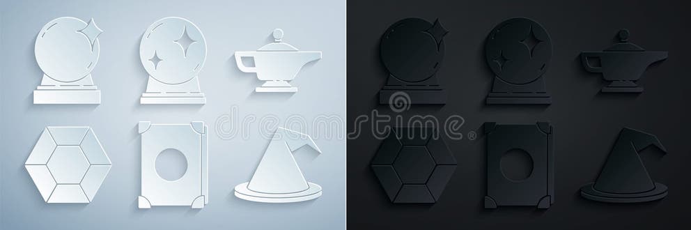 Set Ancient Magic Book, Magic Lamp or Aladdin, Stone, Witch Hat, Ball ...