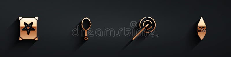 Set Ancient Magic Book, Magic Hand Mirror, Wand and Wizard Warlock Icon ...