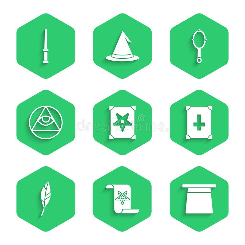 Set Ancient Magic Book, Magic Hat, Feather, Masons, Hand Mirror and ...