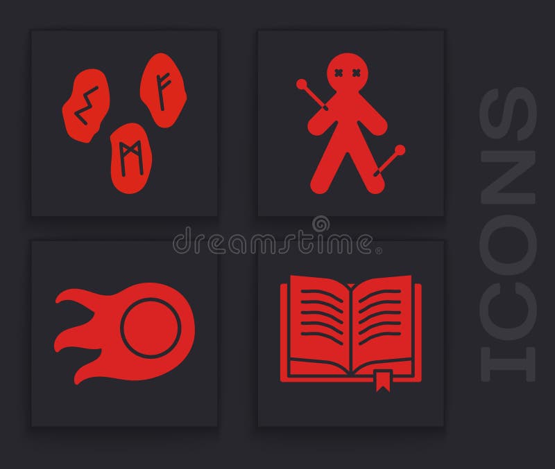 Set Ancient Magic Book, Magic Runes, Voodoo Doll and Fireball Icon ...