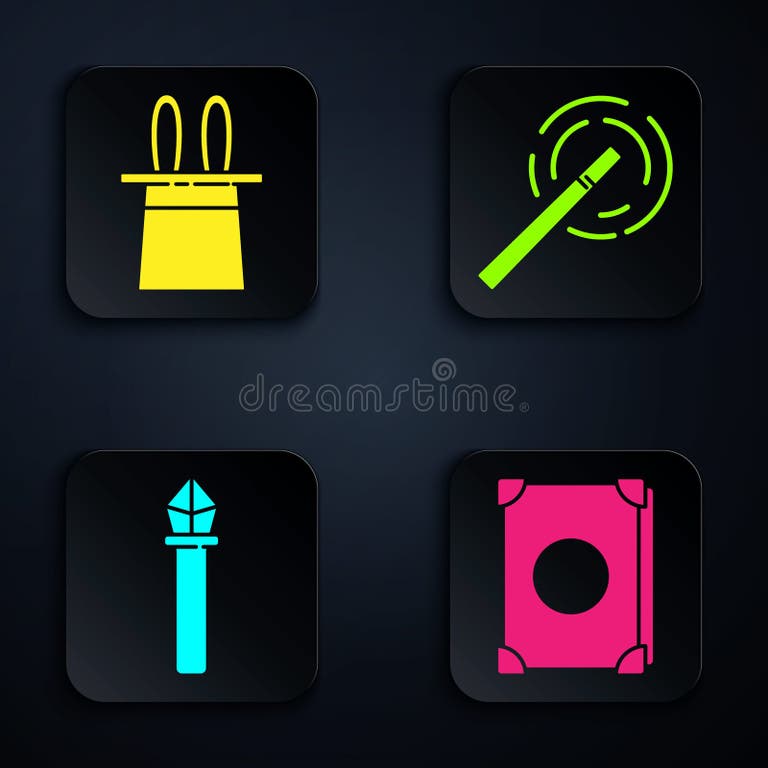Set Ancient Magic Book, Magician Hat and Rabbit Ears, Magic Staff and ...