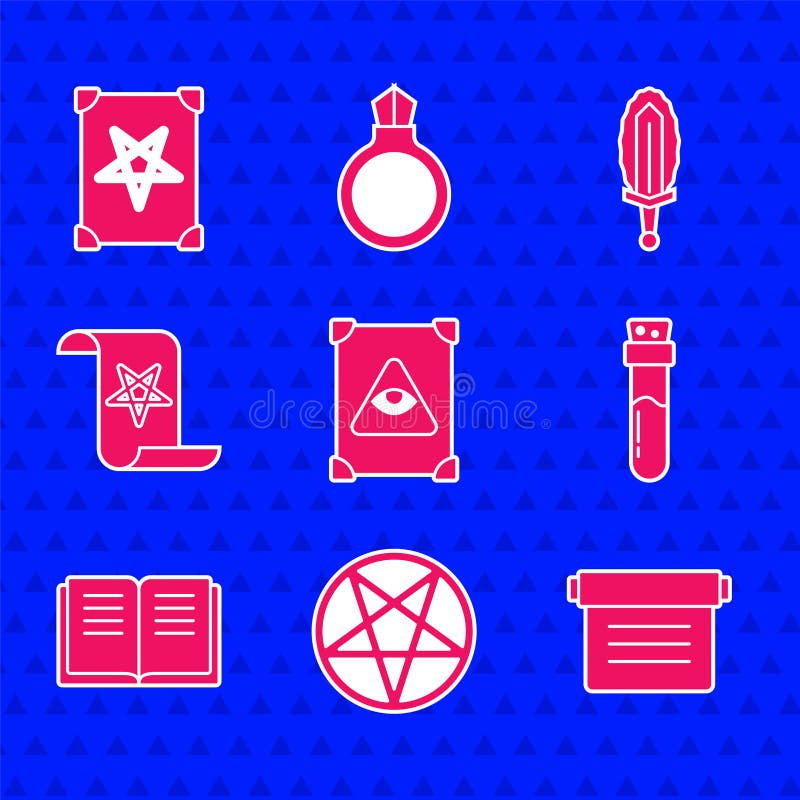 Set Ancient Magic Book, Pentagram in Circle, Bottle with Potion, Magic ...