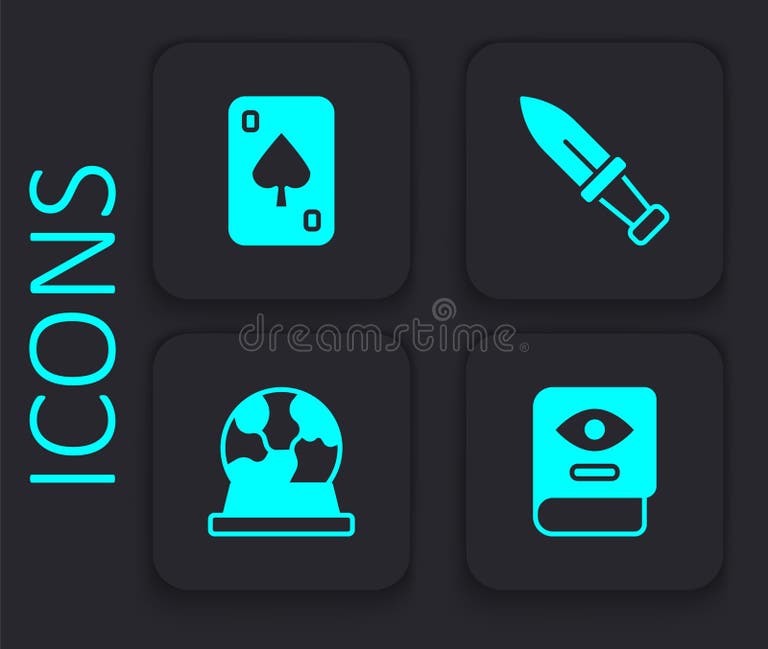Set Ancient Magic Book, Playing Cards, Dagger and Magic Ball Icon ...
