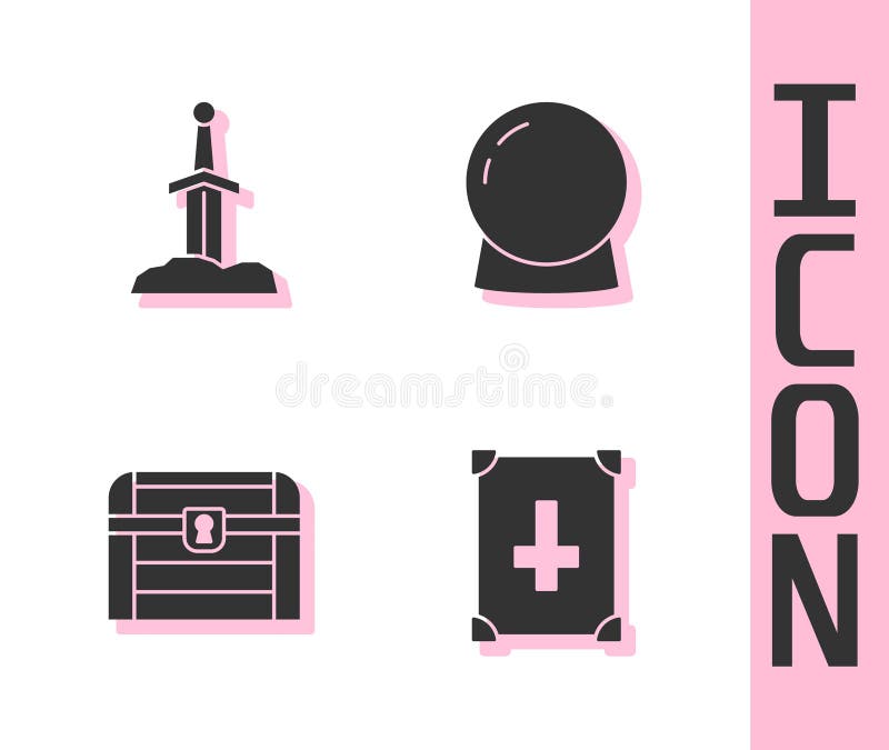 Set Ancient Magic Book, Sword in the Stone, Antique Treasure Chest and ...