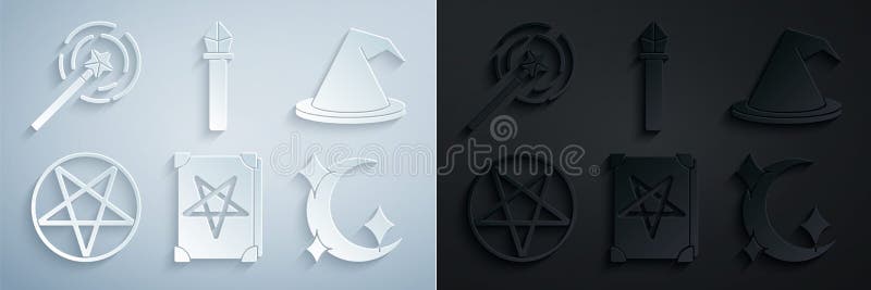 Set Ancient Magic Book, Witch Hat, Pentagram in Circle, Moon and Stars ...