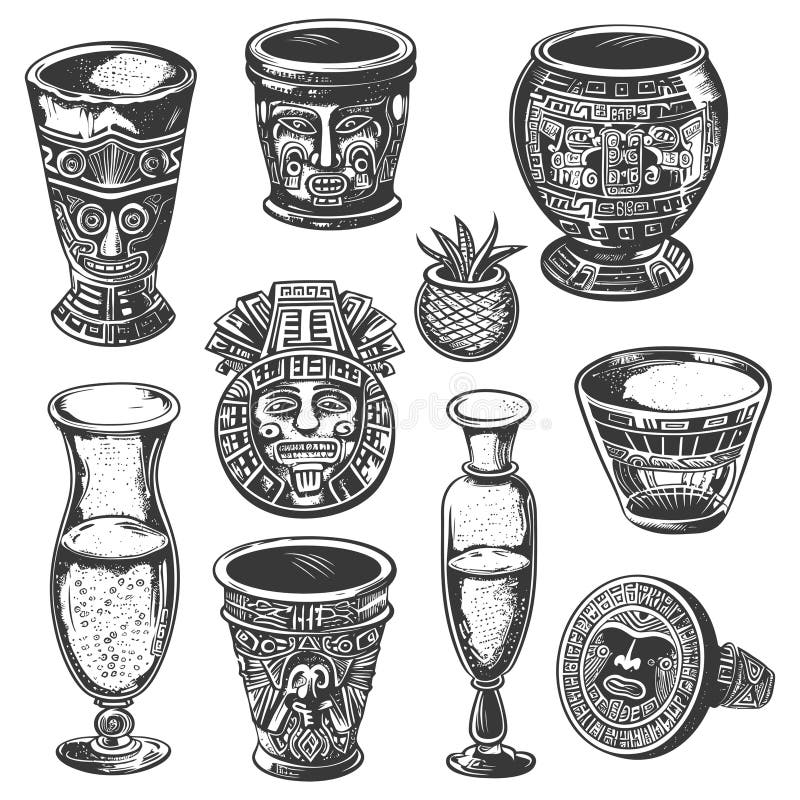 Collection of Ancient Mayan-Style Drinking Vessels and Ritual Objects ...