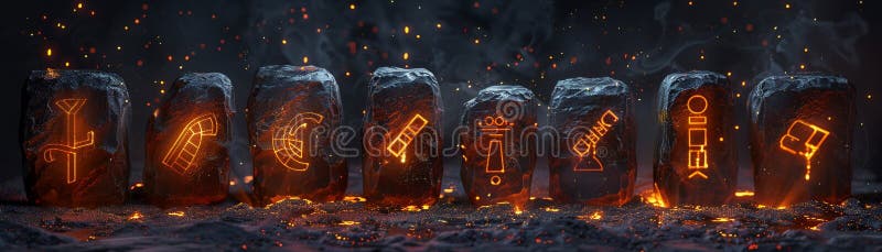 A Set of Ancient Runes Glowing on a Stone Tablet, Each Symbol ...