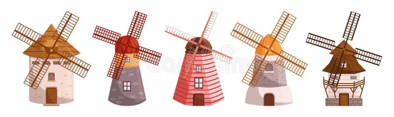 Set of Ancient Windmills. Rustic Structures Harnessing the Power of ...