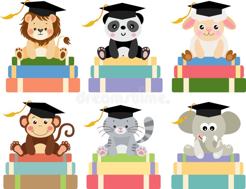 Set of Animals with Graduation Cap Sitting on Top of Books Stock Vector ...