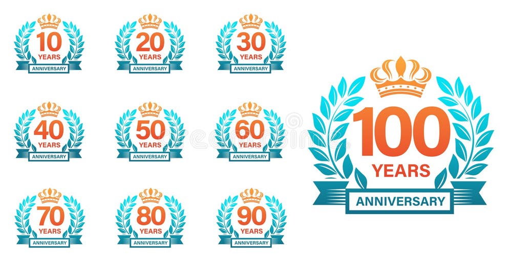Set of Anniversary Emblems with Wreath, 10-100 Years Stock Vector ...