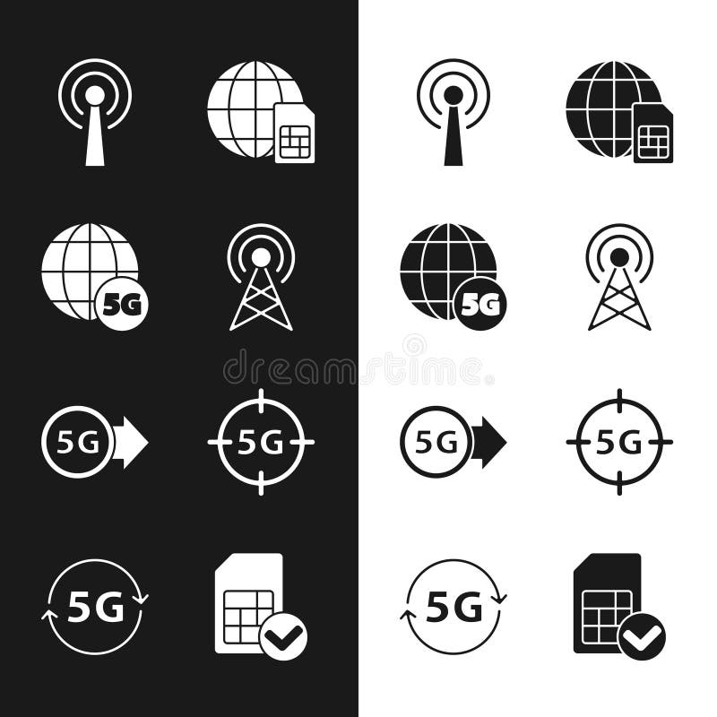 Set Antenna, 5G Network, Globe Sim Card, Card and Icon. Vector Stock ...