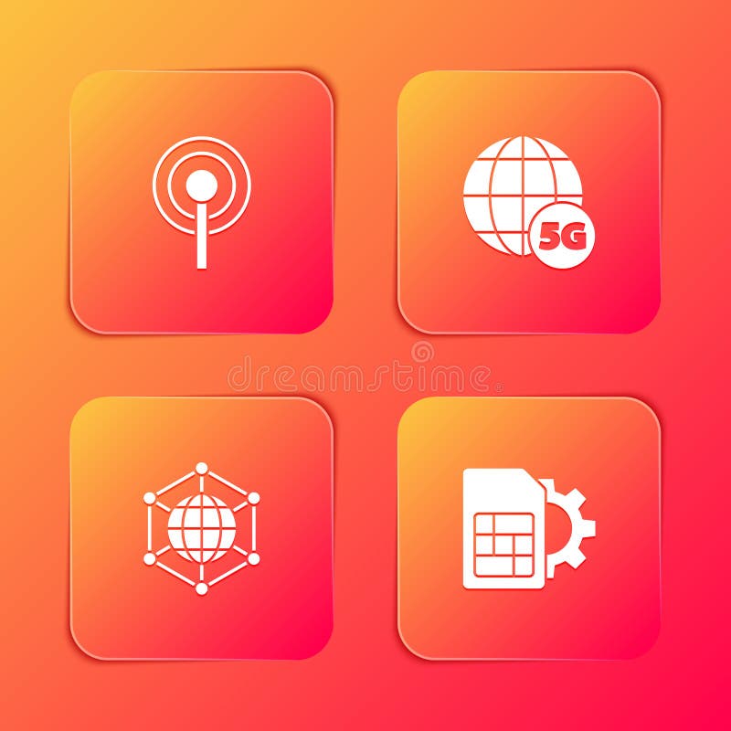 Set Antenna, 5G Network, Social and Sim Card Setting Icon. Vector Stock ...