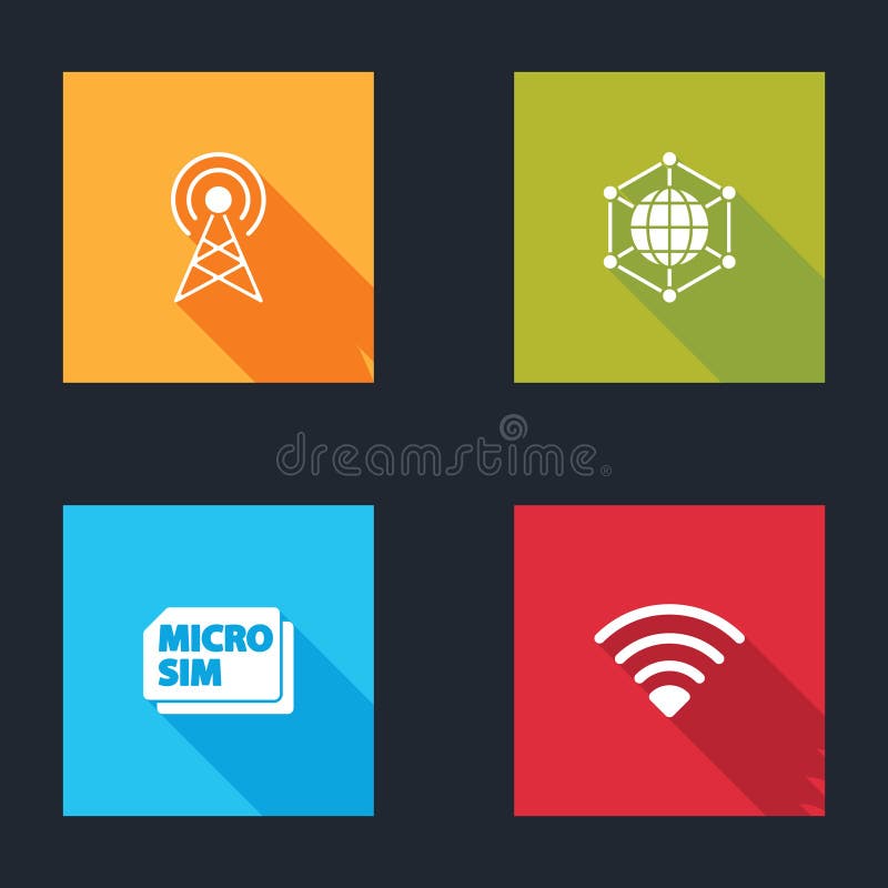 Set Antenna, Social Network, Micro Sim Card and Wi-Fi Wireless Icon ...