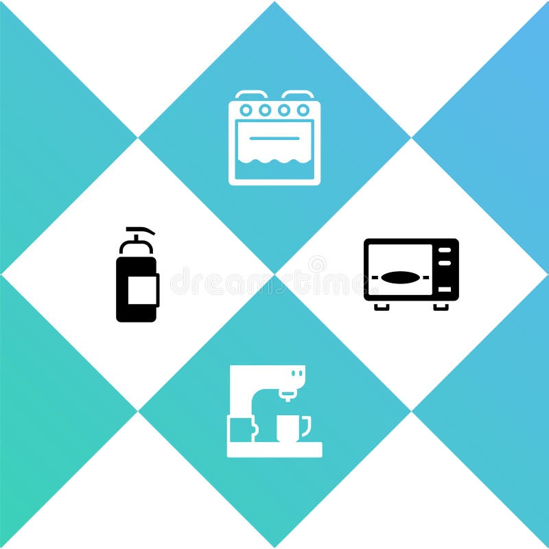 Set Antibacterial Soap, Coffee Machine, Oven and Microwave Oven Icon ...