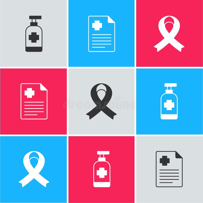 Set Antibacterial Soap, Patient Record and Awareness Ribbon Icon ...