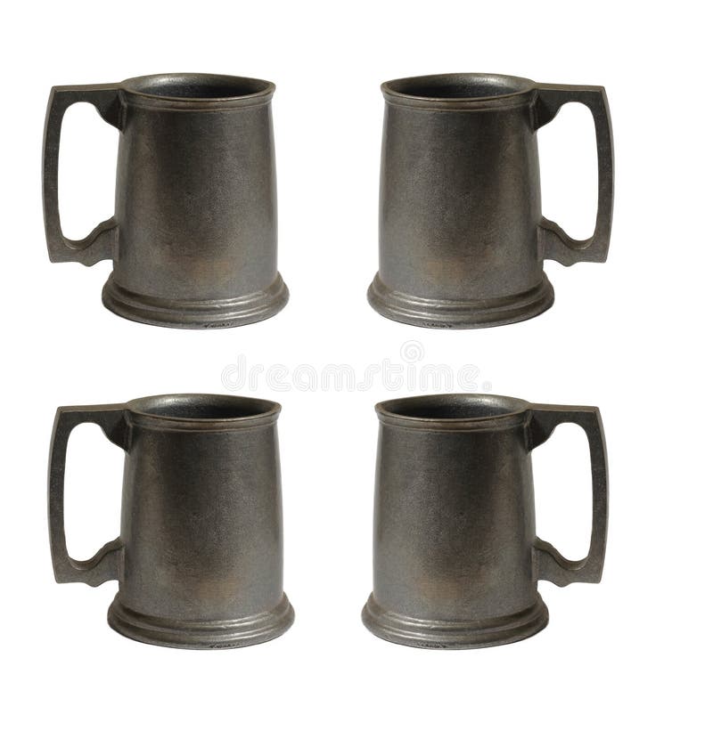 Set of Antique Pewter Beer Mugs Isolated on White Background Stock ...