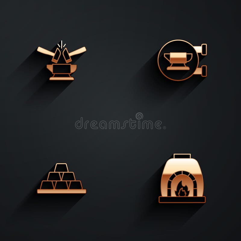 Set Anvil and Hammer, Blacksmith Anvil Tool, Gold Bars and Oven Icon ...