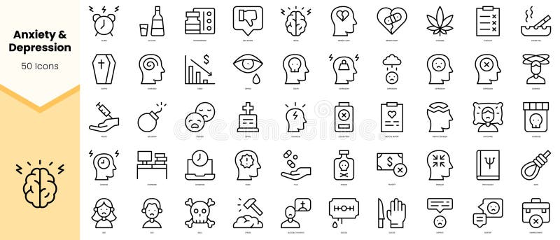 Set of Anxiety and Depression Icons. Simple Line Art Style Icons Pack ...