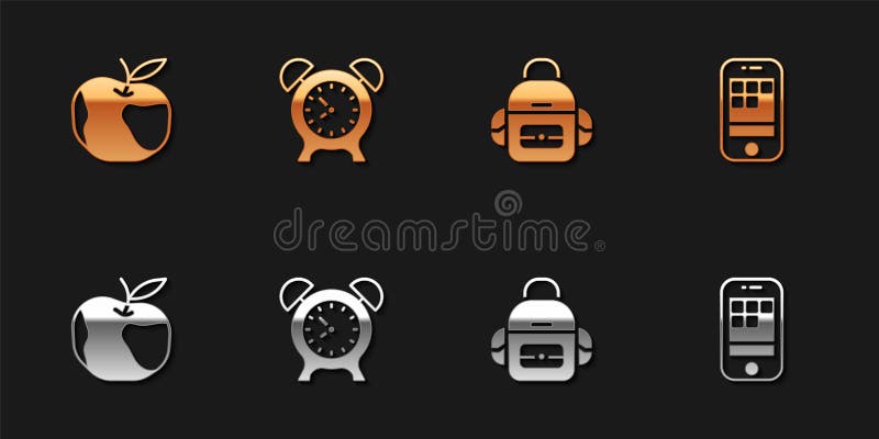 Set Apple, Alarm Clock, School Backpack and Smartphone Icon. Vector ...