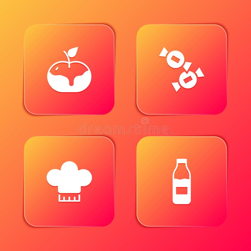 Set Apple in Caramel, Candy, Chef Hat and Bottle with Milk Icon. Vector ...