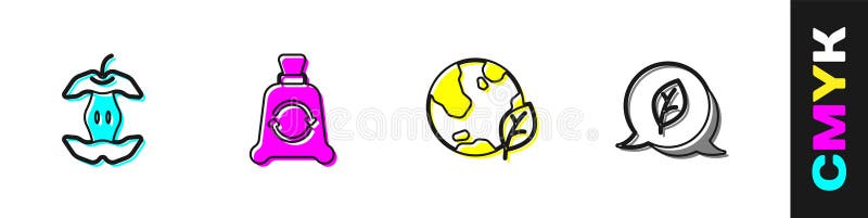 Set Apple Core, Garbage Bag with Recycle, Earth Globe and Leaf and Leaf ...