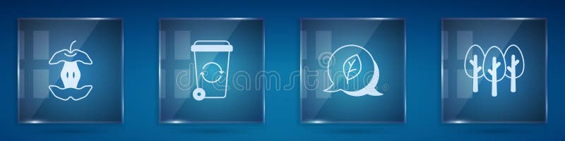Set Apple Core, Recycle Bin, Leaf Eco Symbol and Tree. Square Glass ...