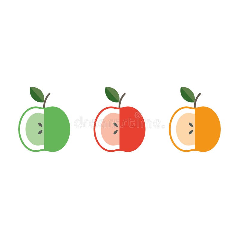 Set of Apple Icons Red Yellow Green Half and Whole Flat Illustration ...