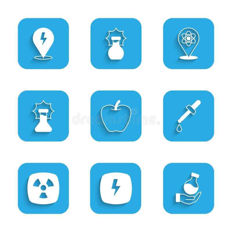 Set Apple, Lightning Bolt, Test Tube, Pipette, Radioactive, Explosion ...