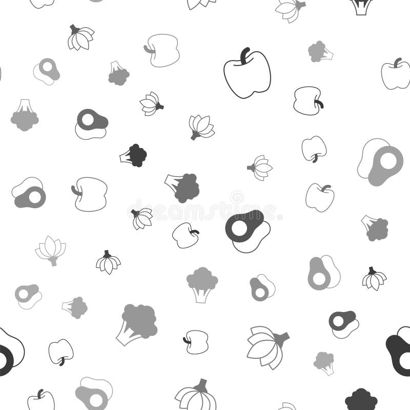 Set Apple, Lotus Flower, Avocado Fruit and Broccoli on Seamless Pattern ...