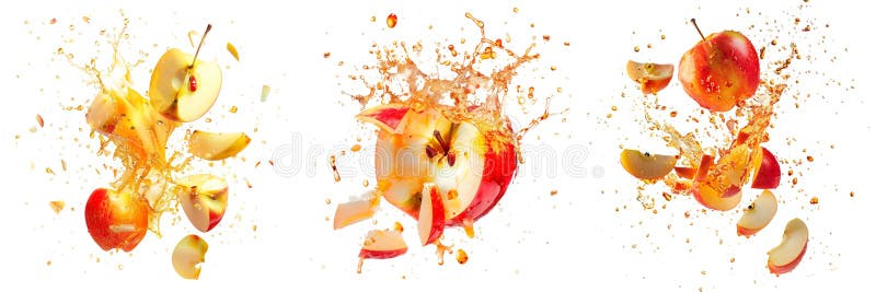 Set of Apples Exploding and Bursting into Pieces with Juice Splatters ...