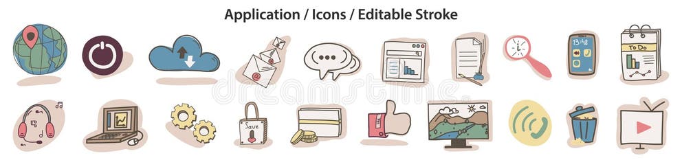 Set of Application Icons in Doodle Style, Flat Line Design, Editable ...