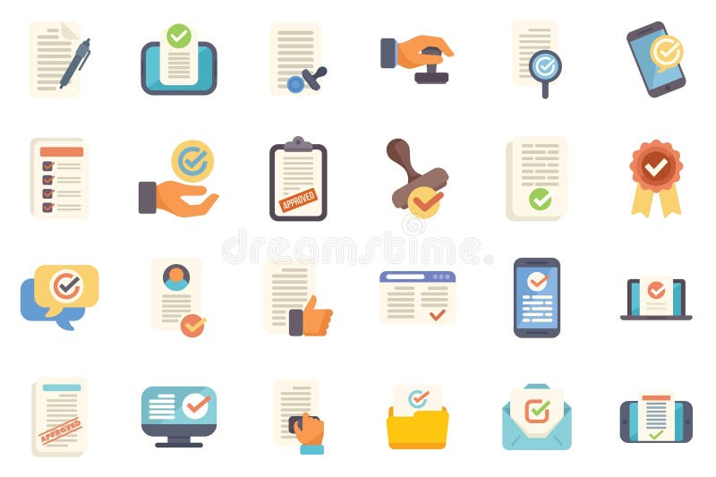 Set of Approved and Certified Documents Icons Showing Agreement with ...