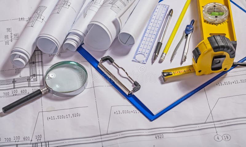 Set of Architect Tools on Blueprint Stock Image - Image of blueprint ...