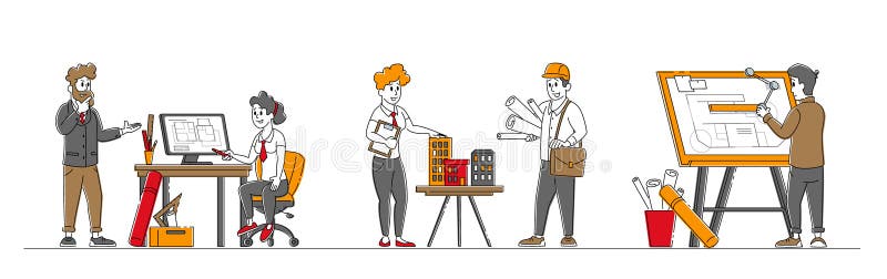 Set of Architects and Engineer Characters Working on Project Painting ...