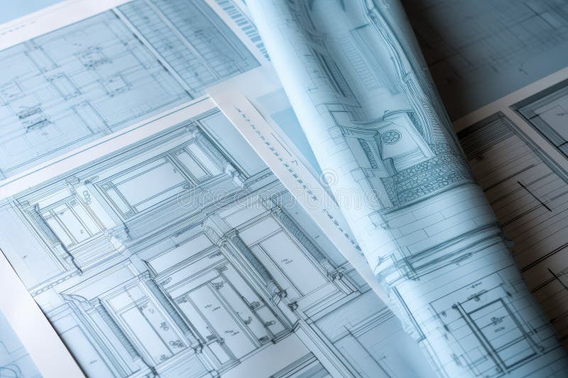 Set of Architectural Blueprints, with Close-up View of Building Details ...