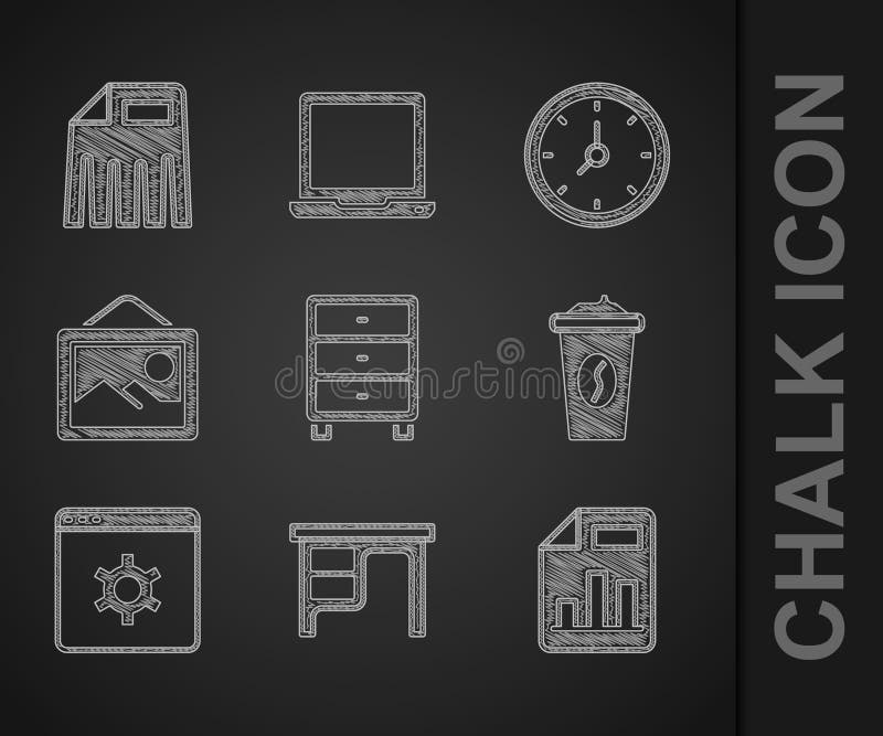 Set Archive Papers Drawer Office Desk Document With Graph Chart Coffee Cup To Go Browser