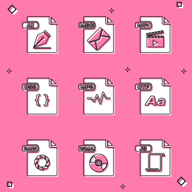 Set Archivo Ai Documento Msg Mov Css Mp3 Otf Crudo Y Wma Icono. Vector ... Set Archivo Ai Documento Msg Mov Css Mp3 Otf Crudo Y Wma Icono. Vector ...