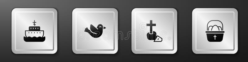 Set Ark of Noah, Dove, Christian Cross and Basket with Easter Eggs Icon ...
